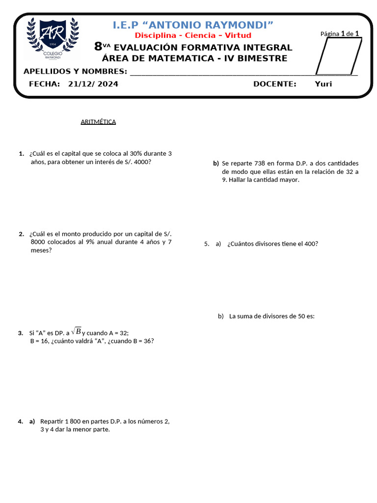 EXAMEN BIMESTRAL 4to SEC ARIT IVB | PDF