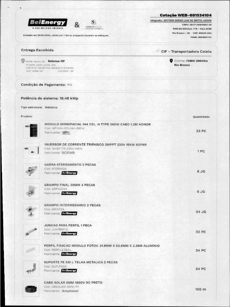 Itens de Energia Solar Fabio | PDF