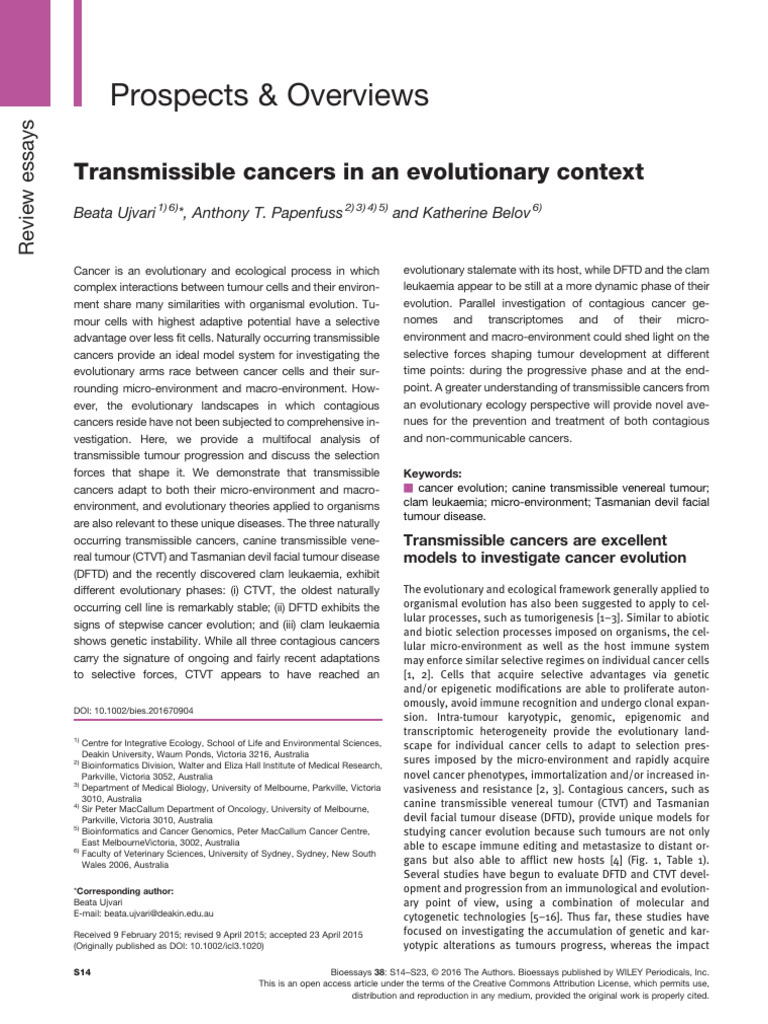 BioEssays - 2016 - Ujvari - Transmissible Cancers in An Evolutionary ...