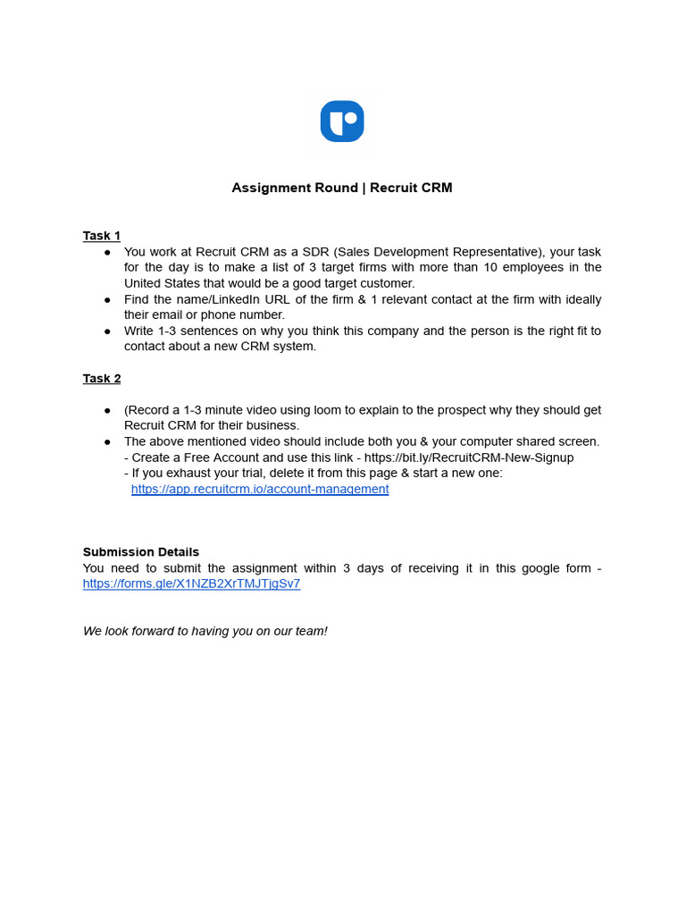 SDR Fresher Assignment | PDF