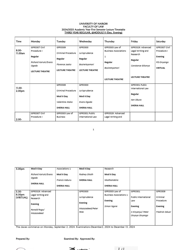 UON Law 2024/2025 Semester Timetable | PDF | Justice | Crime & Violence