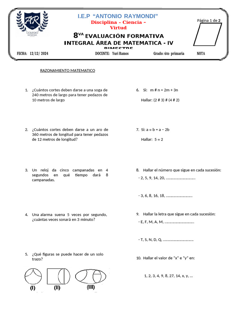 Examen Bimestral 6to Sec. Ivb - RM | PDF