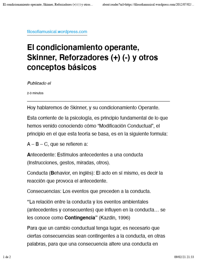 El condicionamiento operante, Skinner, Reforzadores (+) (-) y otros conceptos | PDF ...