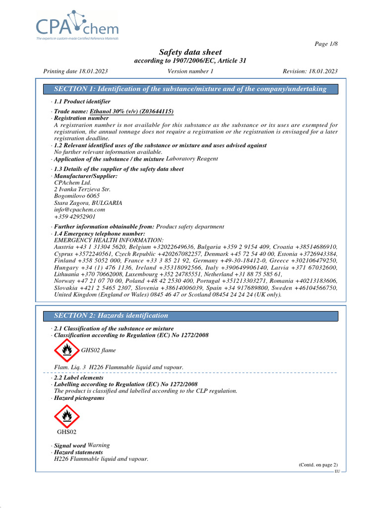 Ethanol 30% Safety Data Sheet | PDF | Dangerous Goods | Occupational ...