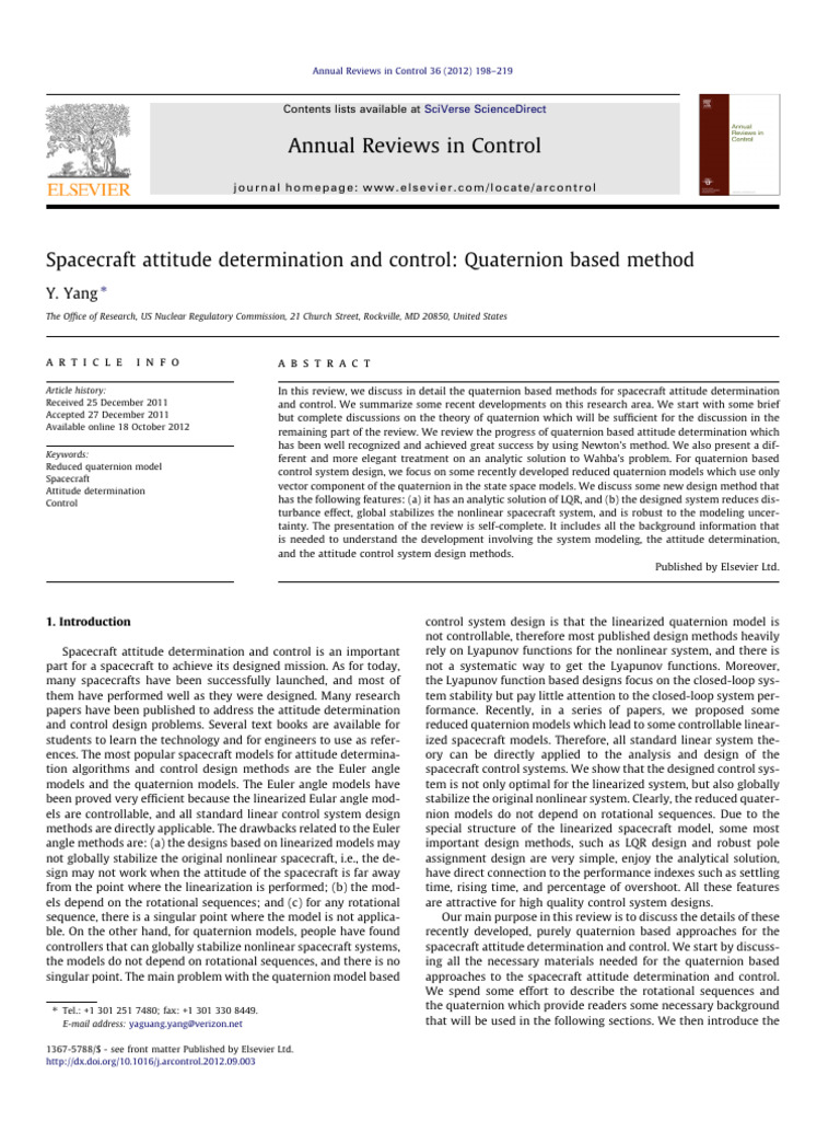 Spacecraft Attitude Determination And Control Quaternion Based Method Pdf Rotation