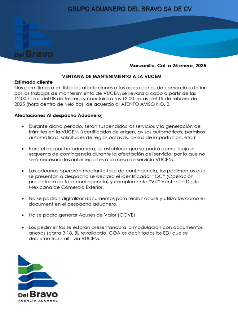 Aviso Operativo Contigencia Vucem | PDF