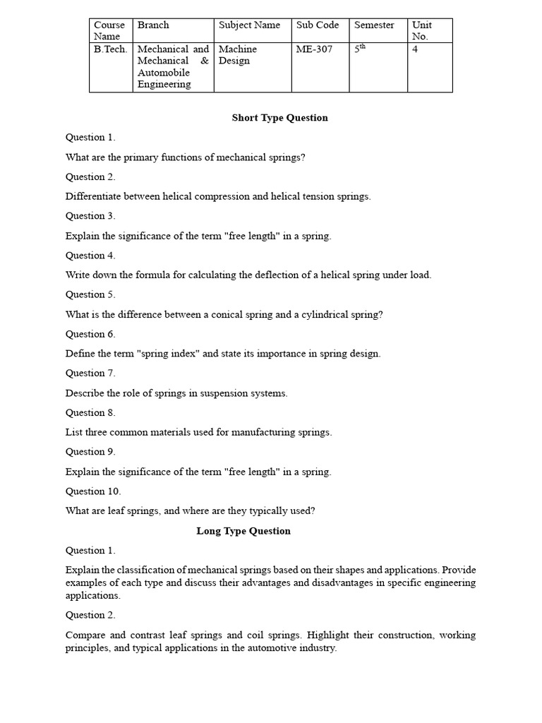Mechanical Spring Design Q&A | PDF | Materials | Applied And ...