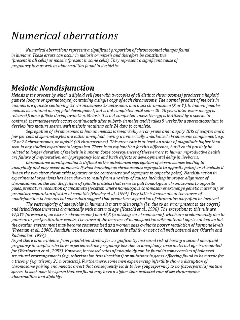 Numerical Aberrations: Meiotic Nondisjunction | PDF | Meiosis | Down ...