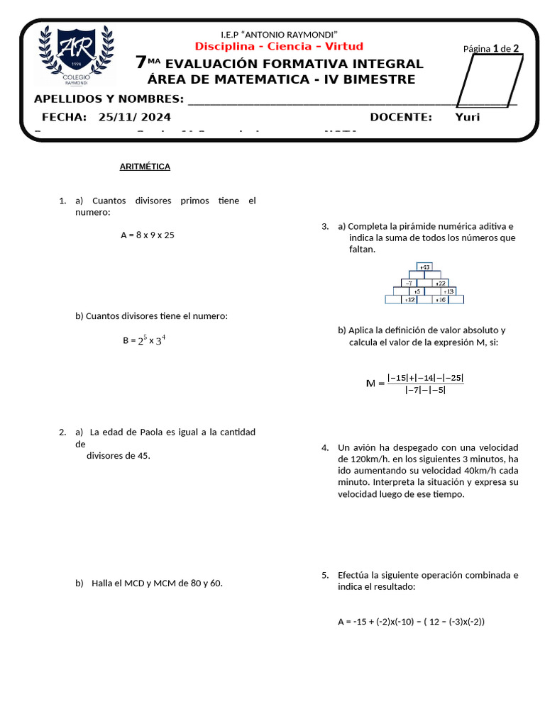 Examen Mensual 1ro Sec. Ivb - Arit. | PDF | Aritmética | Matemáticas