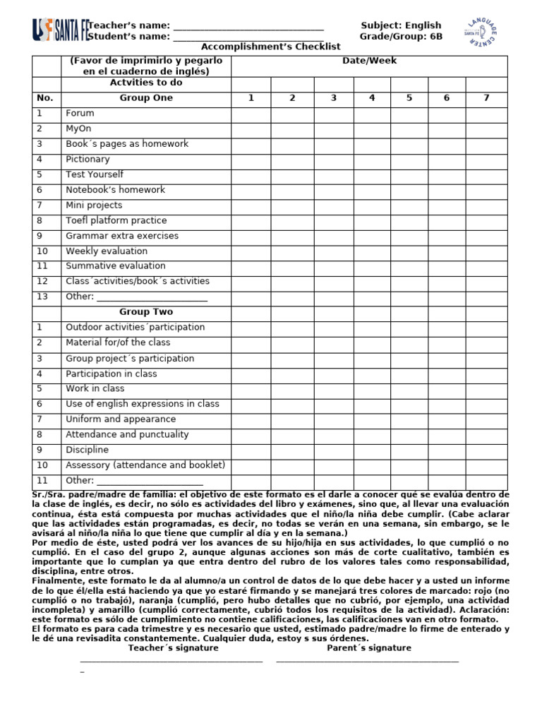 Activities Checklist 6to B | PDF