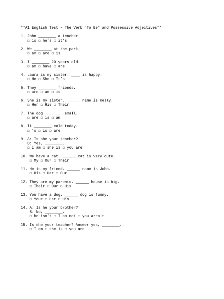 A1 English Test Verbs and Possessives | PDF