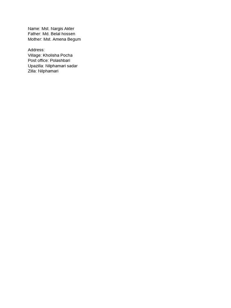 Mst. Nargis Akter Profile Details | PDF