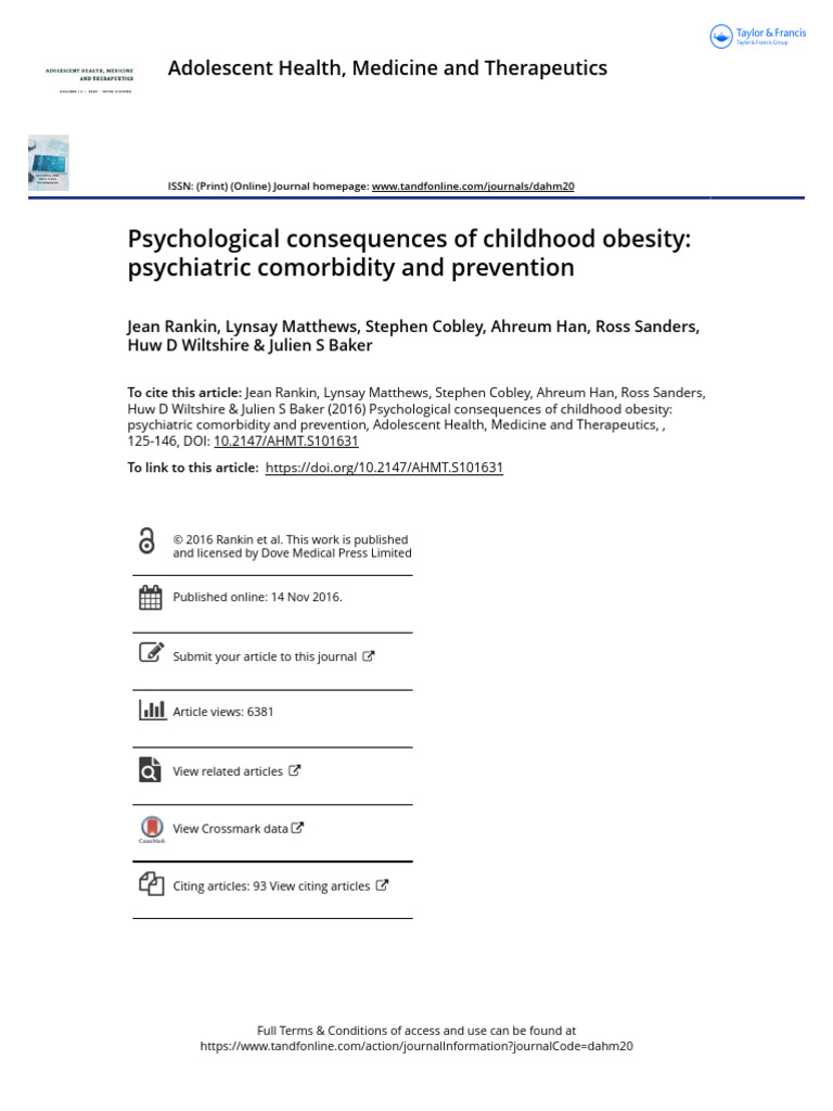 Psychological Consequences of Childhood Obesity Psychiatric Comorbidity ...