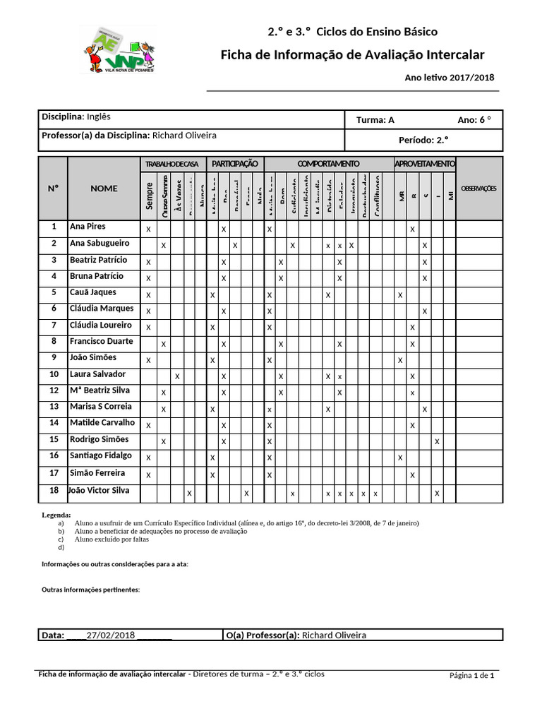 Ficha Avalição Intercalar 6.º A 2º Período | PDF