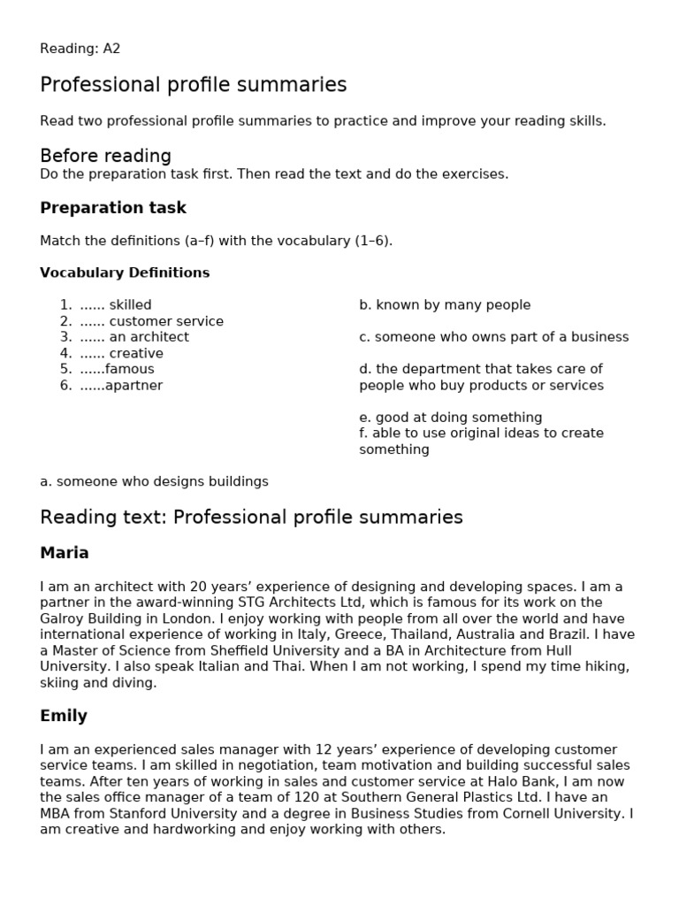 Professional Profile Summaries for A2 Reading | PDF | Human Communication