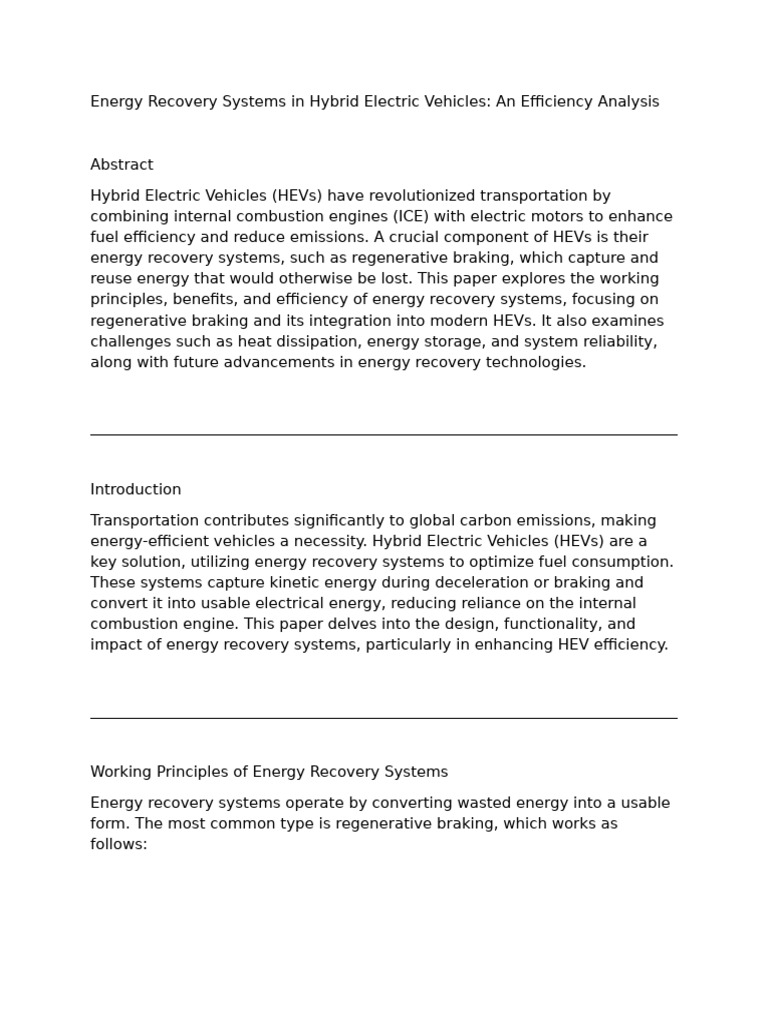 Energy Recovery Systems in Hybrid Electric Vehicles An Efficiency ...