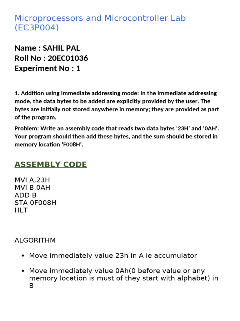 Microprocessor Lab: Assembly Code Examples | PDF | Assembly Language ...