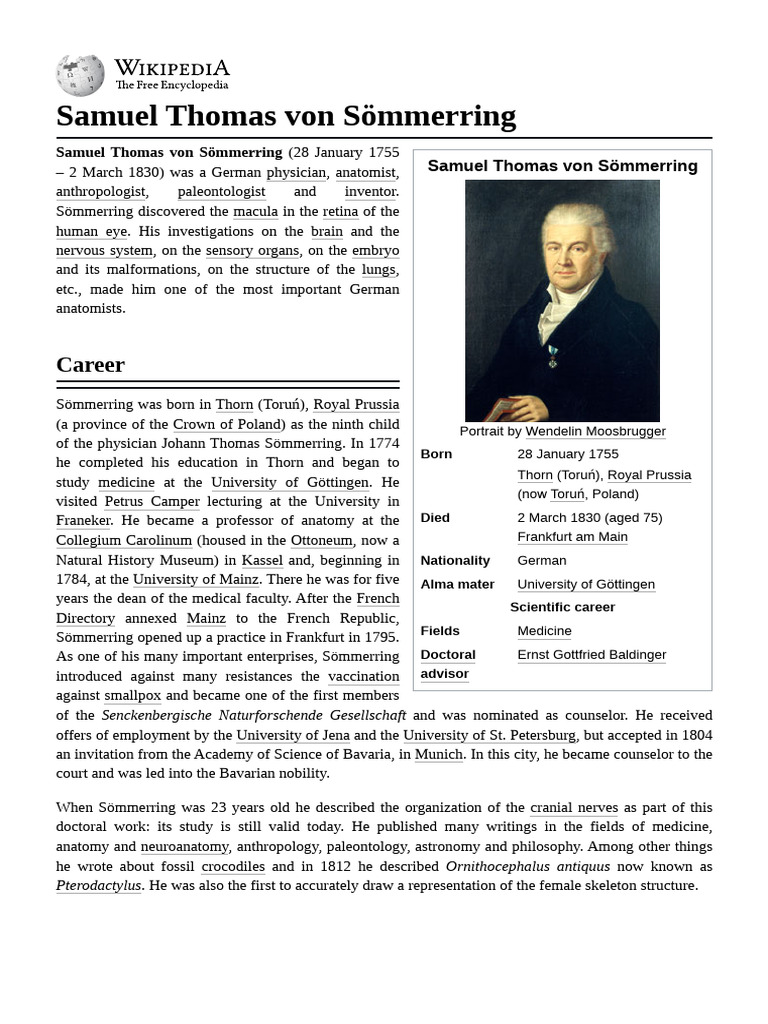Samuel Thomas von Sömmerring: Life & Work | PDF