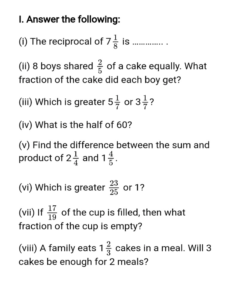 Class 5 Chapter 7-Fraction - Worksheet | PDF