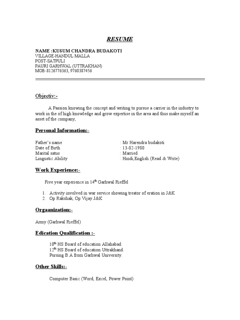 Resume of Kusum Chandra Budakoti | PDF | Career & Growth