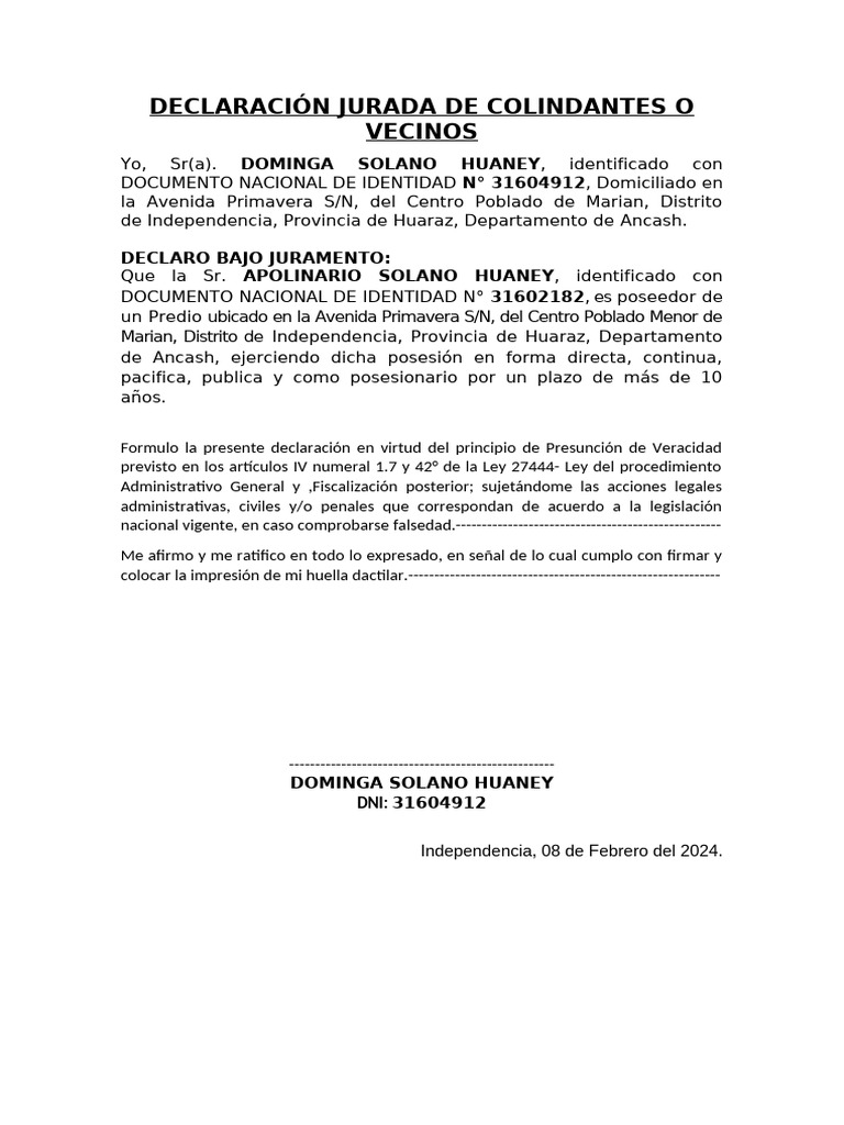 DECLARACIÓN JURADA DE COLINDANTES | PDF | Documento de identidad ...