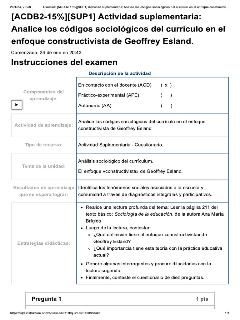 Examen - (ACDB2-15%) (SUP1) Actividad Sup... Ue Constructivista de Geoffrey Esland | PDF