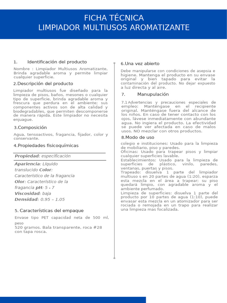 Ficha Técnica - Limpiador Multiusos Aromatizante | PDF | Perfume | Agua