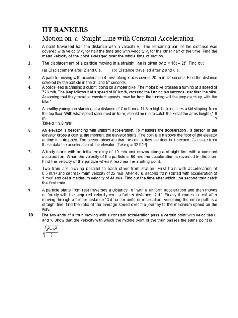 Question Answer Motion On A Straight Line With Constant Acceleration ...