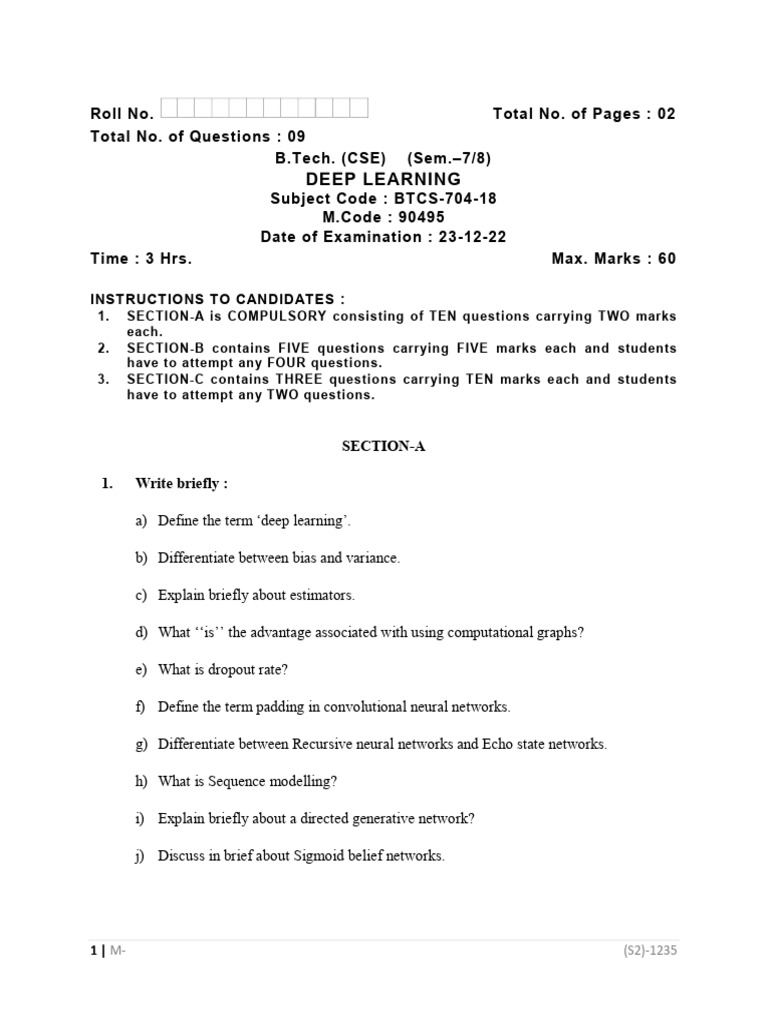 Btech Cse 7 Sem 8 Sem Deep Learning 90495 Dec 2022 | PDF | Deep ...