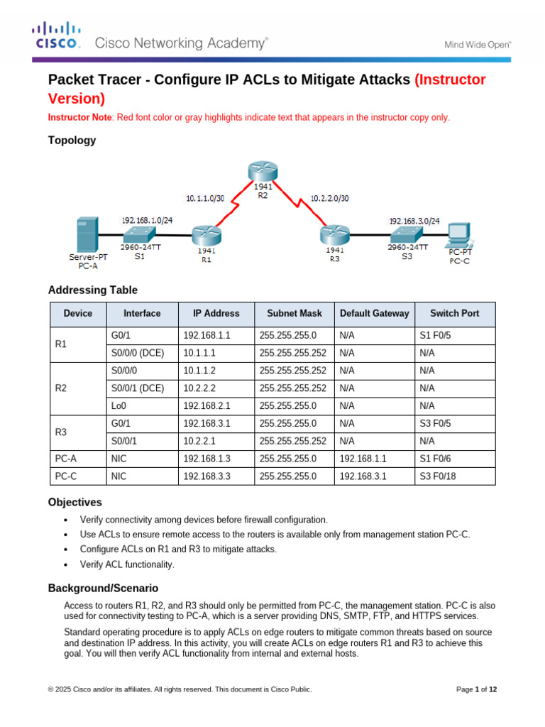 4.1.2.5 Packet Tracer - Configure IP ACLs To Mitigate Attacks - Instructor (6) BB | PDF | Router ...
