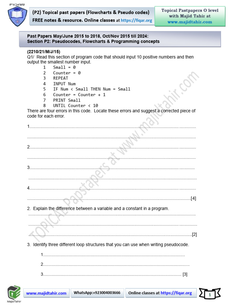 Topical Pseudocodes Flowcharts P2 O Level Mt Pdf Algorithms Computer Programming