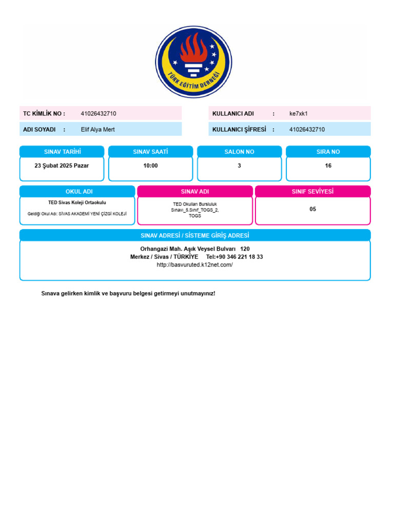Sinav Giris Belgesi | PDF