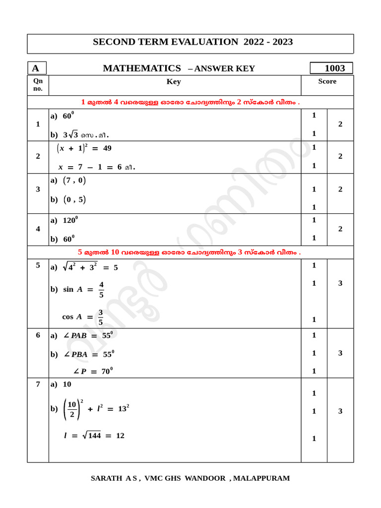 Christmas Exam Maths MM Answer Key Sarath Sir | PDF