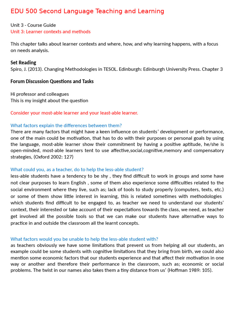 Unit 3 Learner contexts and methods | PDF | Learning | Teachers