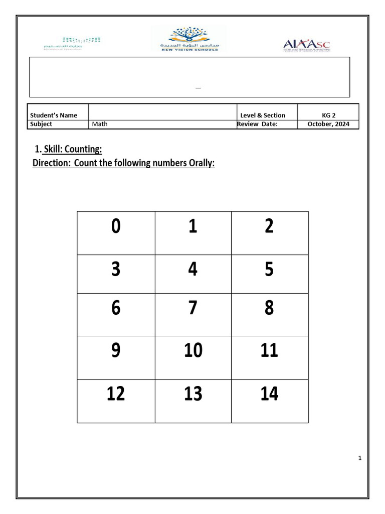 KG 2 Math Review: Counting Skills | PDF