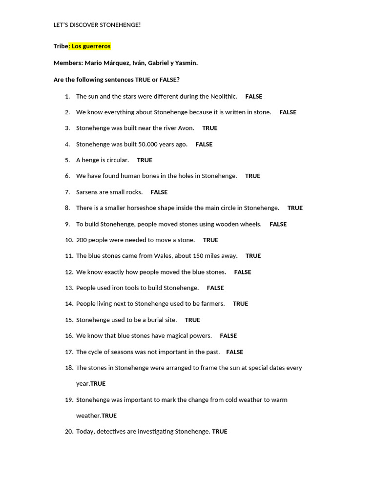 Quiz Stonehenge STUDENTS | PDF