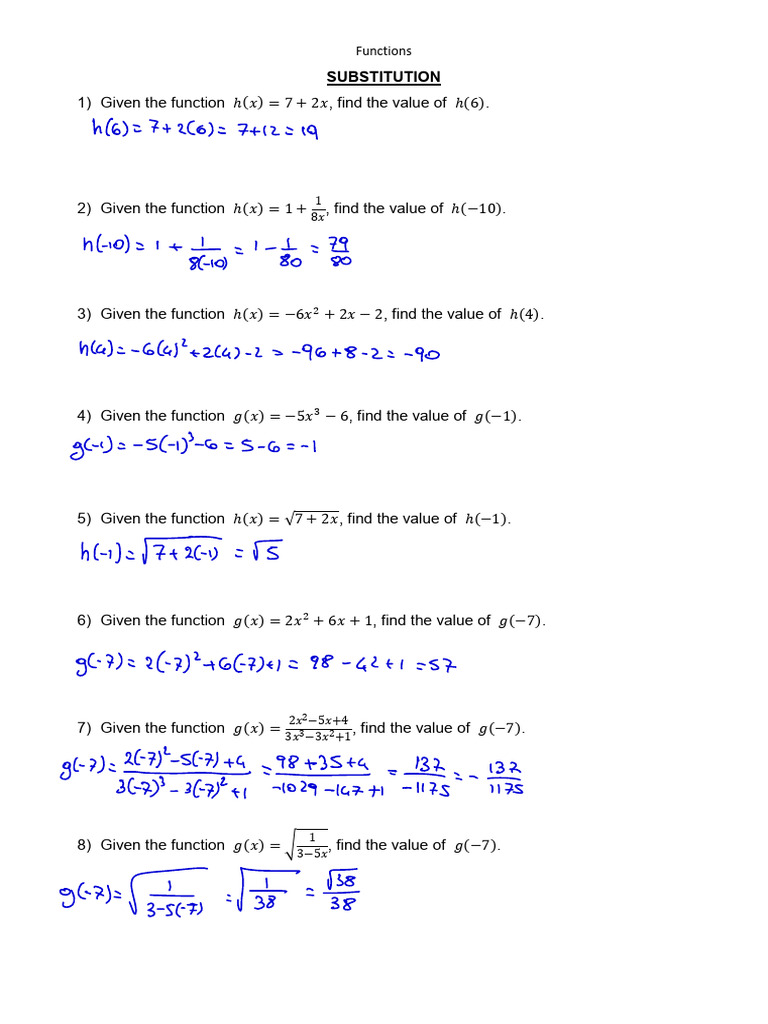 Functions (Substitution, Composite, Inverse) Worked Solutions (1) | PDF