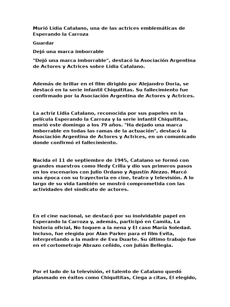 Murió Lidia Catalano, Una de Las Actrices Emblemáticas de Esperando La ...