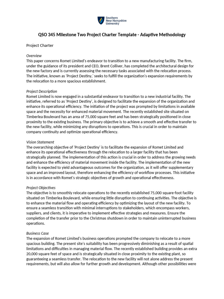 QSO 345 Milestone Two Project Charter Template - Adaptive | PDF | Evaluation | Team Building