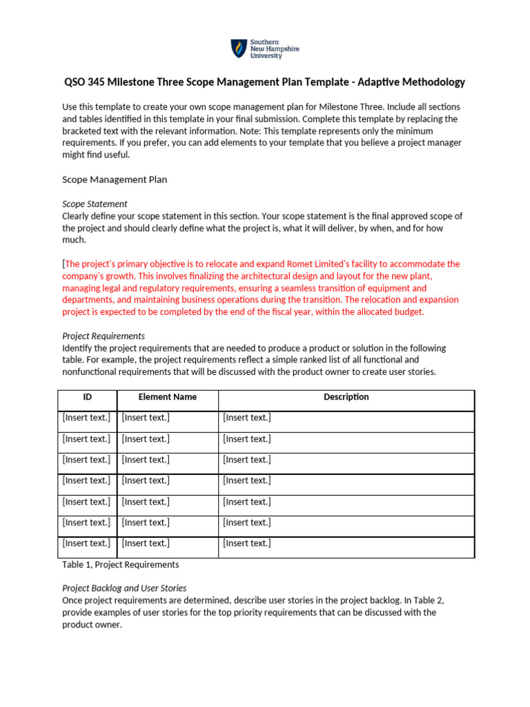 QSO 345 Milestone Three Scope Management Plan Template - Adaptive111 ...
