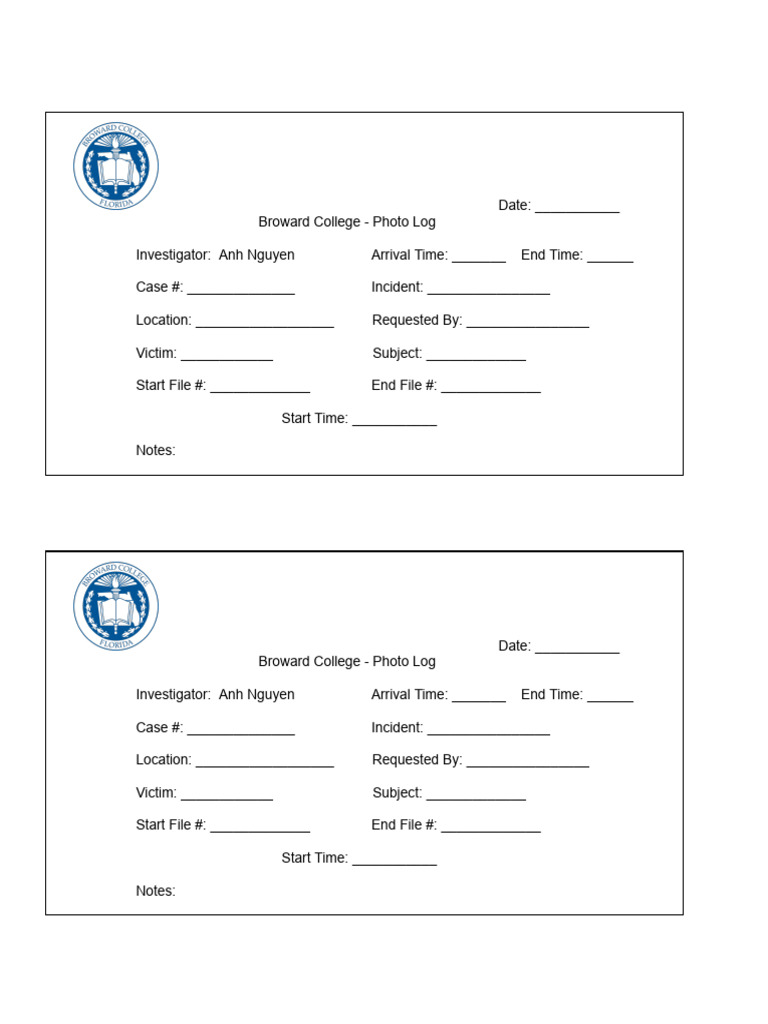 Broward College Photo Log Template | PDF