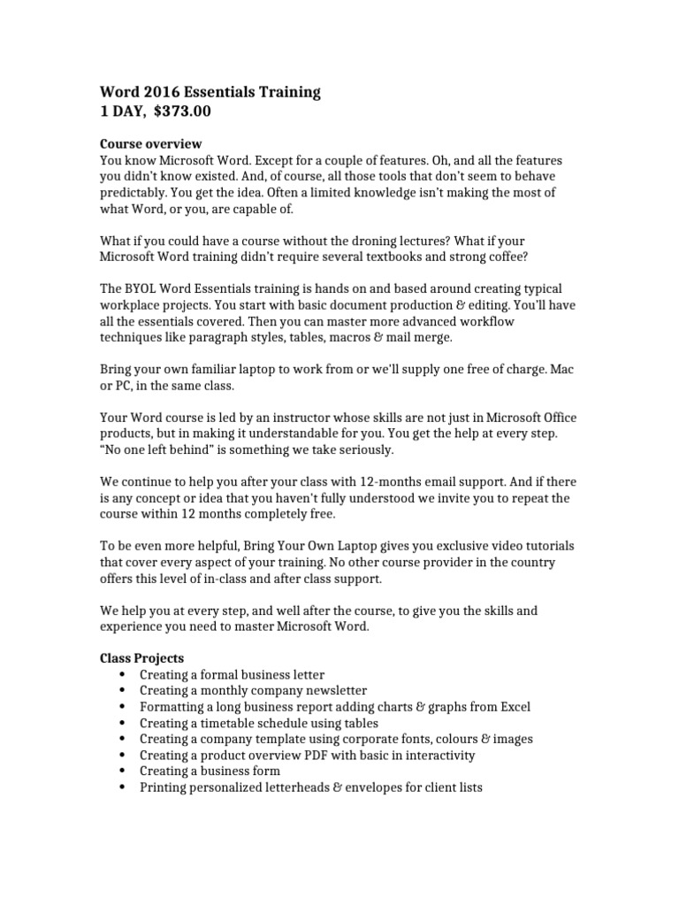 Word 2016 1-Day Essentials Training | PDF | Microsoft Word | Computing