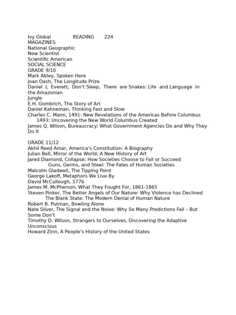 Essential Reading List for Grades 9-12 | PDF
