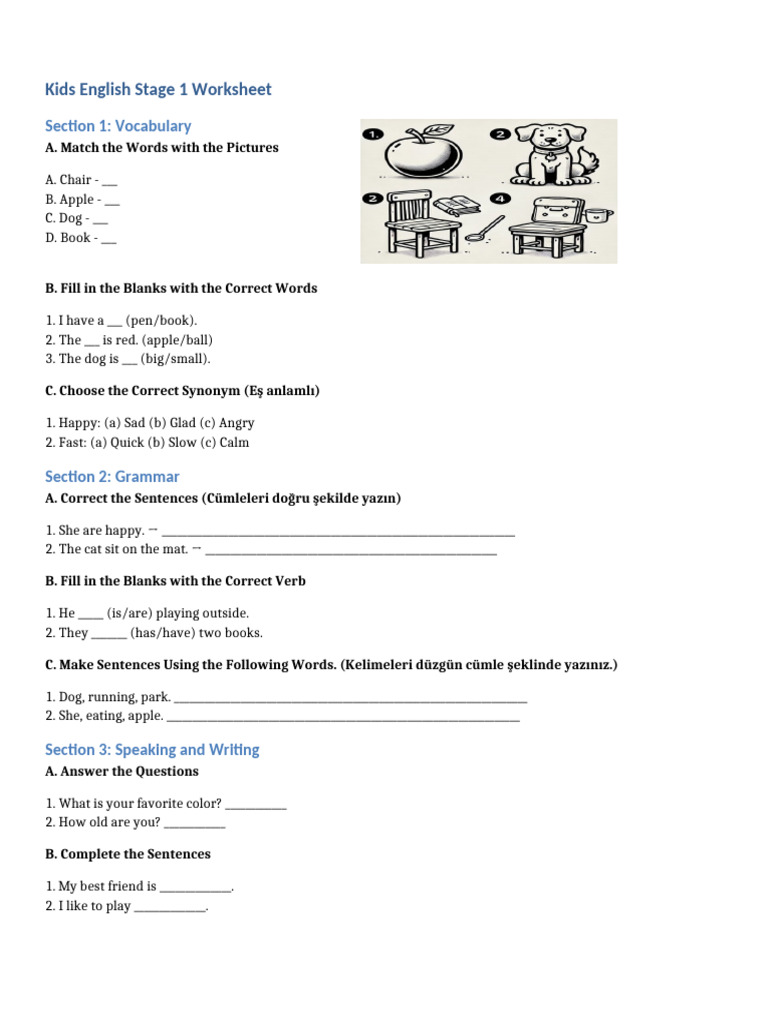 Kids English Stage 1 Worksheet | PDF
