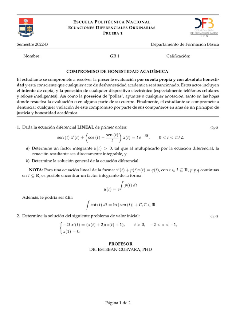 Correccion_Prueba_1_EDO_2022B.pdf | PDF | Ecuaciones | Ecuaciones diferenciales