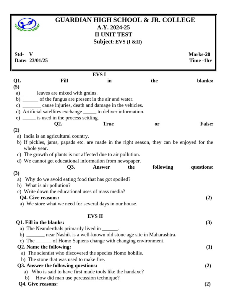 5th Standard EVS II Unit Test Paper | PDF