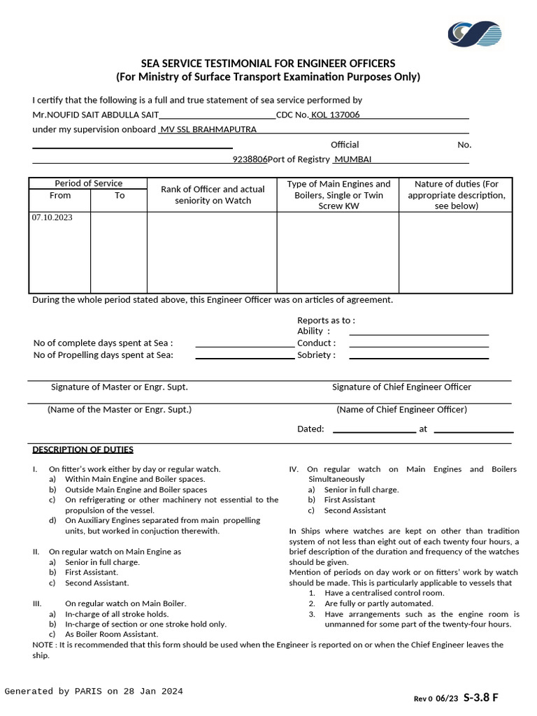 Sea Service Testimonial Noufid | PDF | Watercraft | Ships