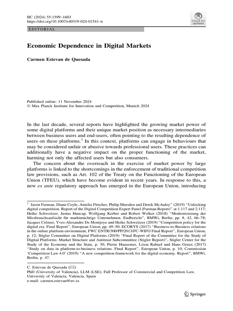Economic Dependence in Digital Markets | PDF | Competition Law | Economies