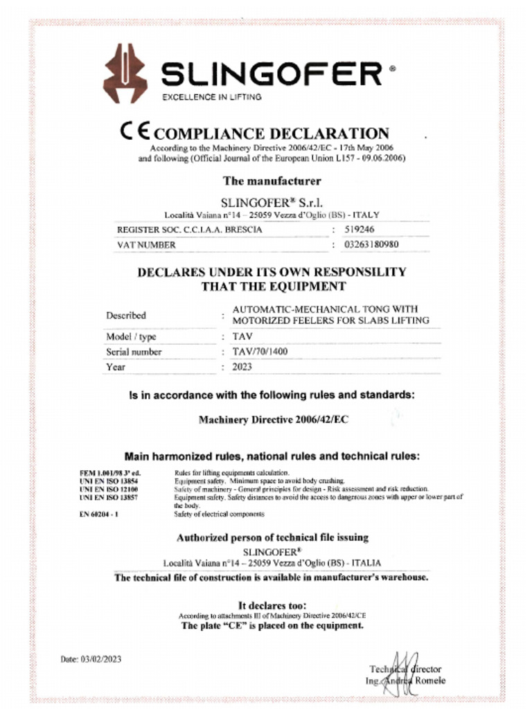 TAV-70-1400 CE Compliance Declaration | PDF
