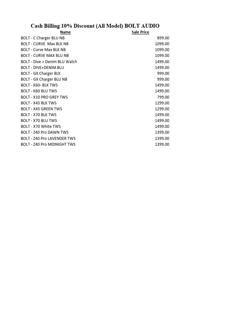 BOLT Audio Product Price List | PDF